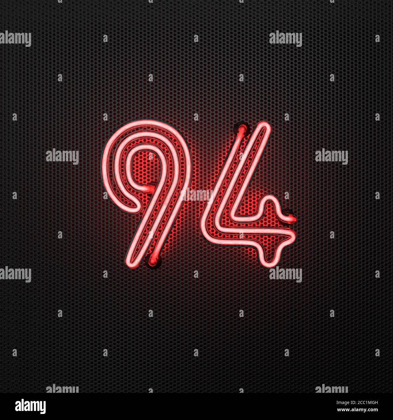 Glowing red neon number 94 (number ninety-four) on a perforated metal ...