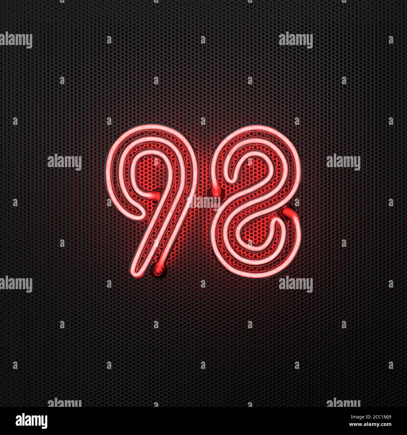 Glowing red neon number 98 (number ninety-eight) on a perforated metal ...