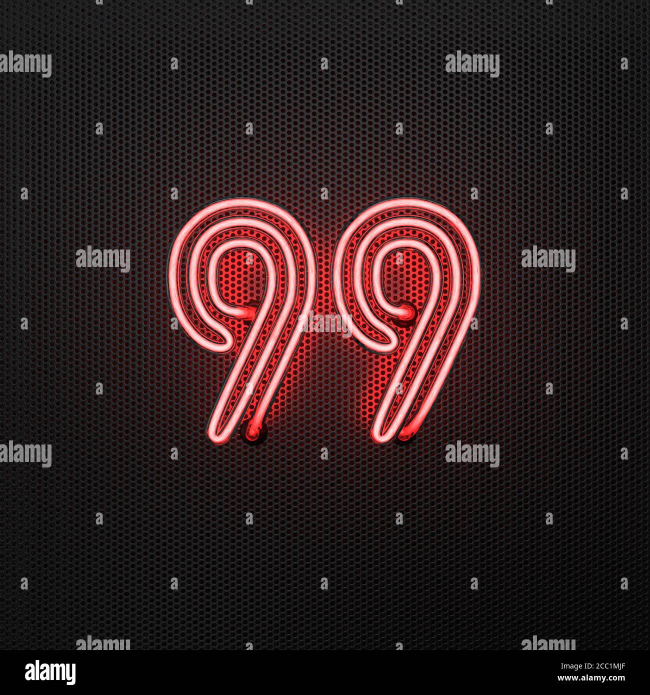 Glowing red neon number 99 (number ninety-nine) on a perforated metal ...