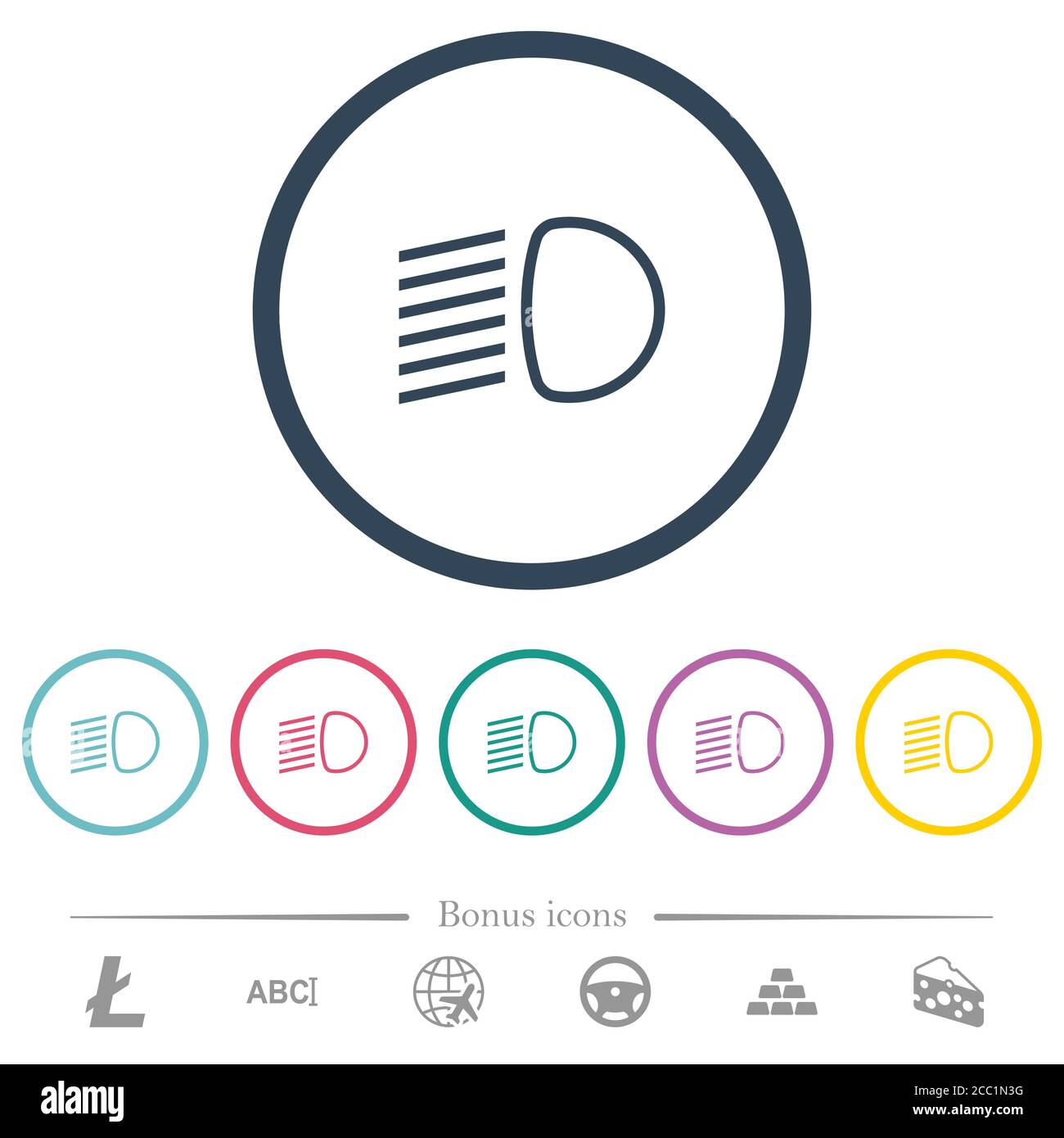 Dipped beam lights flat color icons in round outlines. 6 bonus icons ...