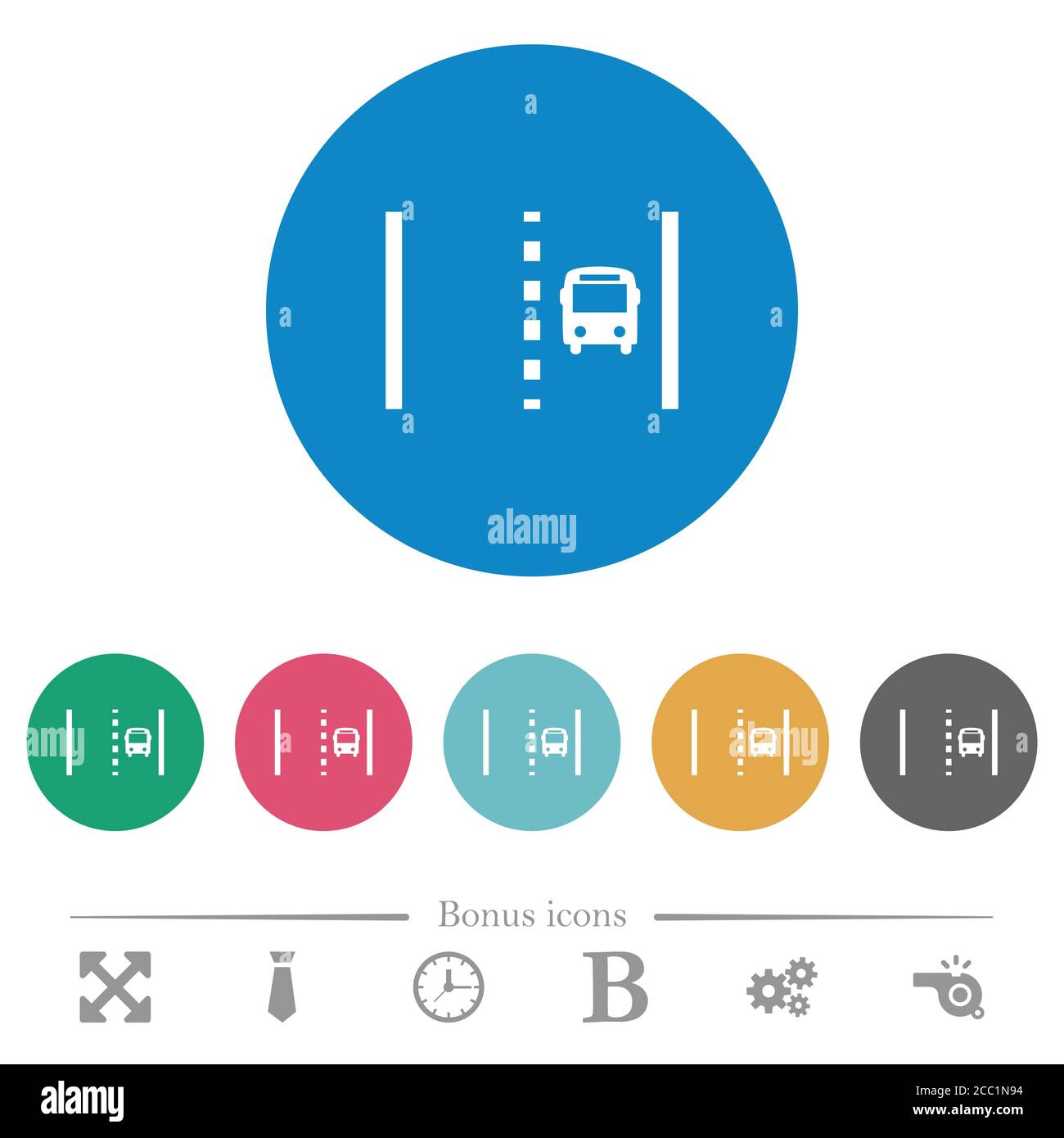 Bus lane flat white icons on round color backgrounds. 6 bonus icons ...