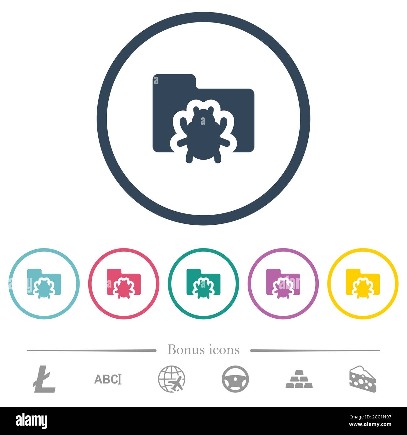 Bug folder flat color icons in round outlines. 6 bonus icons included ...