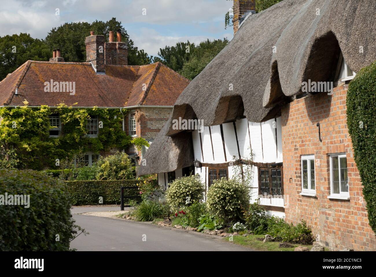 Old cottages along street through the village of East Garston in summer ...