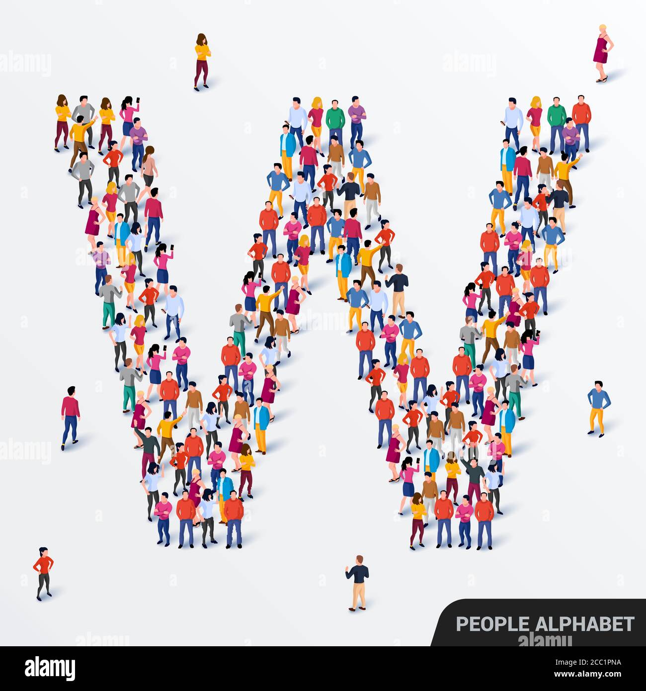 Large group of people in letter W form. Human alphabet. Vector seamless ...
