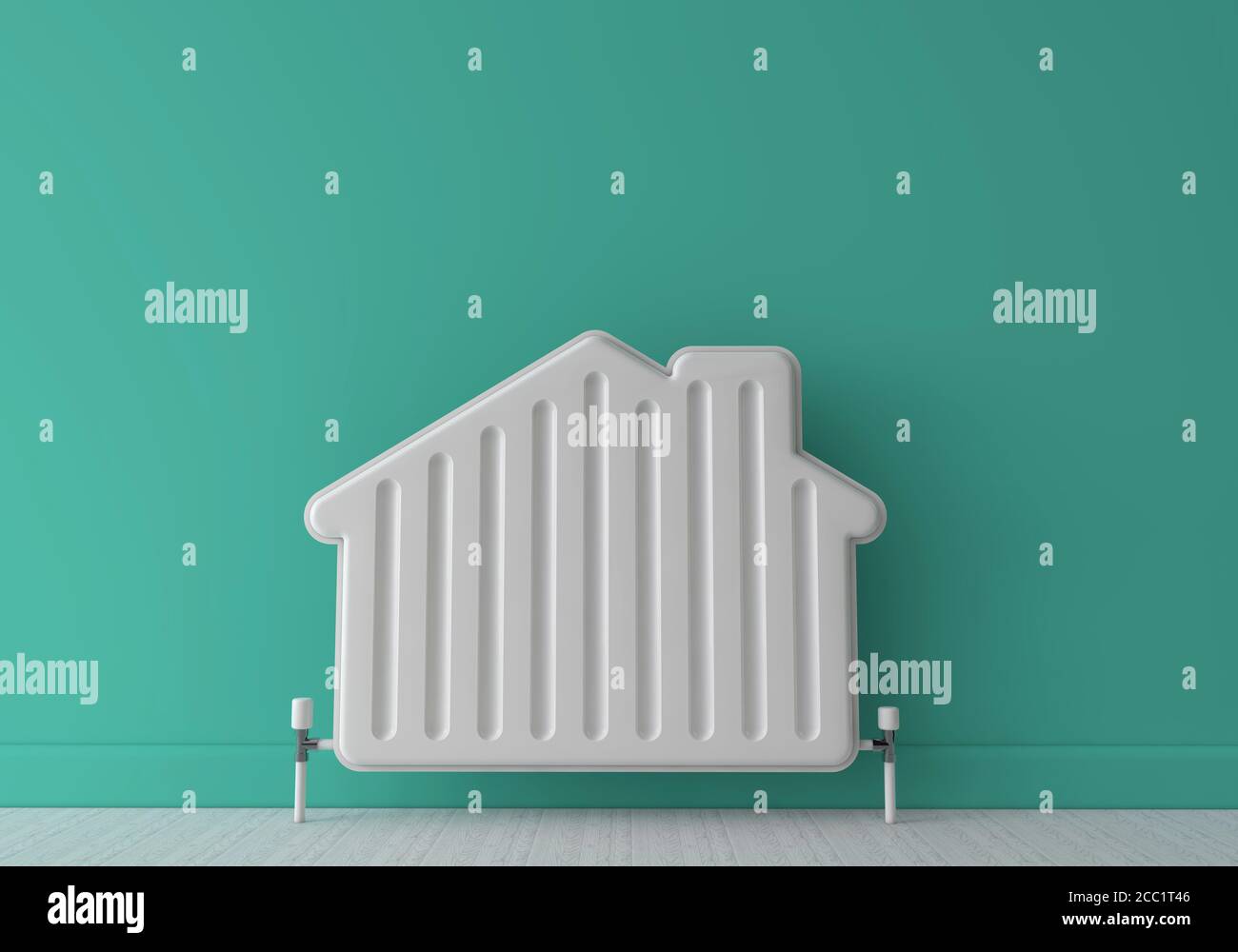 Heating radiator in the shape of a house. Home energy. 3D Rendering ...