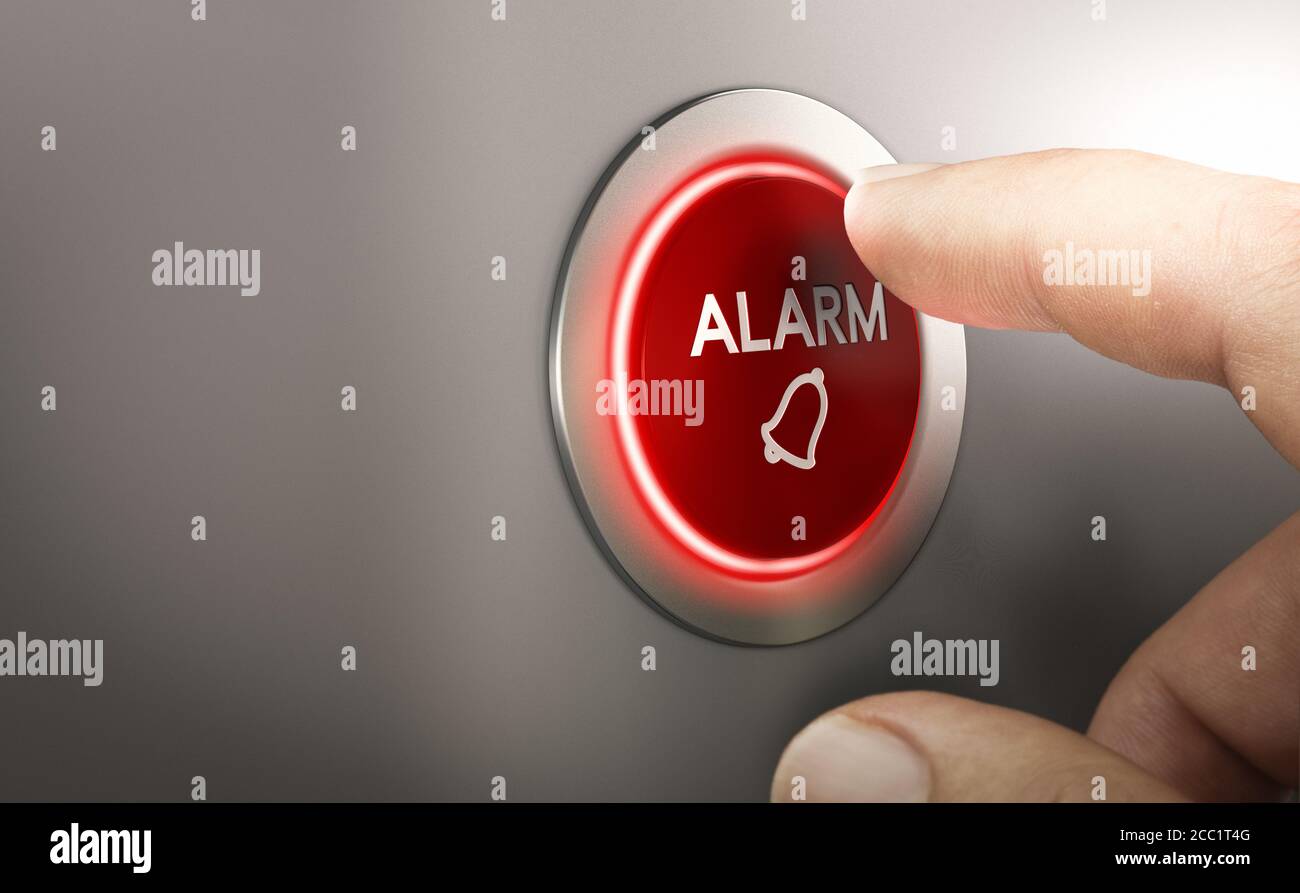 Finger pressing a red alarm button. Warning concept. Composite image ...
