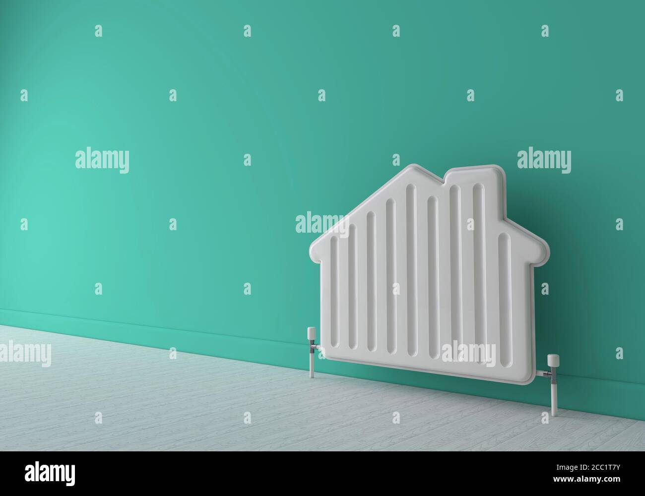 Heating radiator in the shape of a house. Home energy. 3D Rendering ...