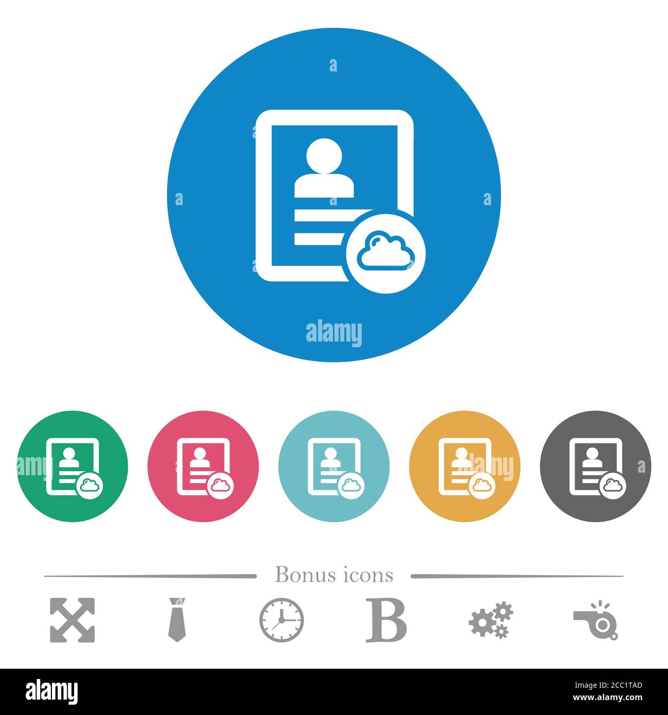 Cloud contact flat white icons on round color backgrounds. 6 bonus ...