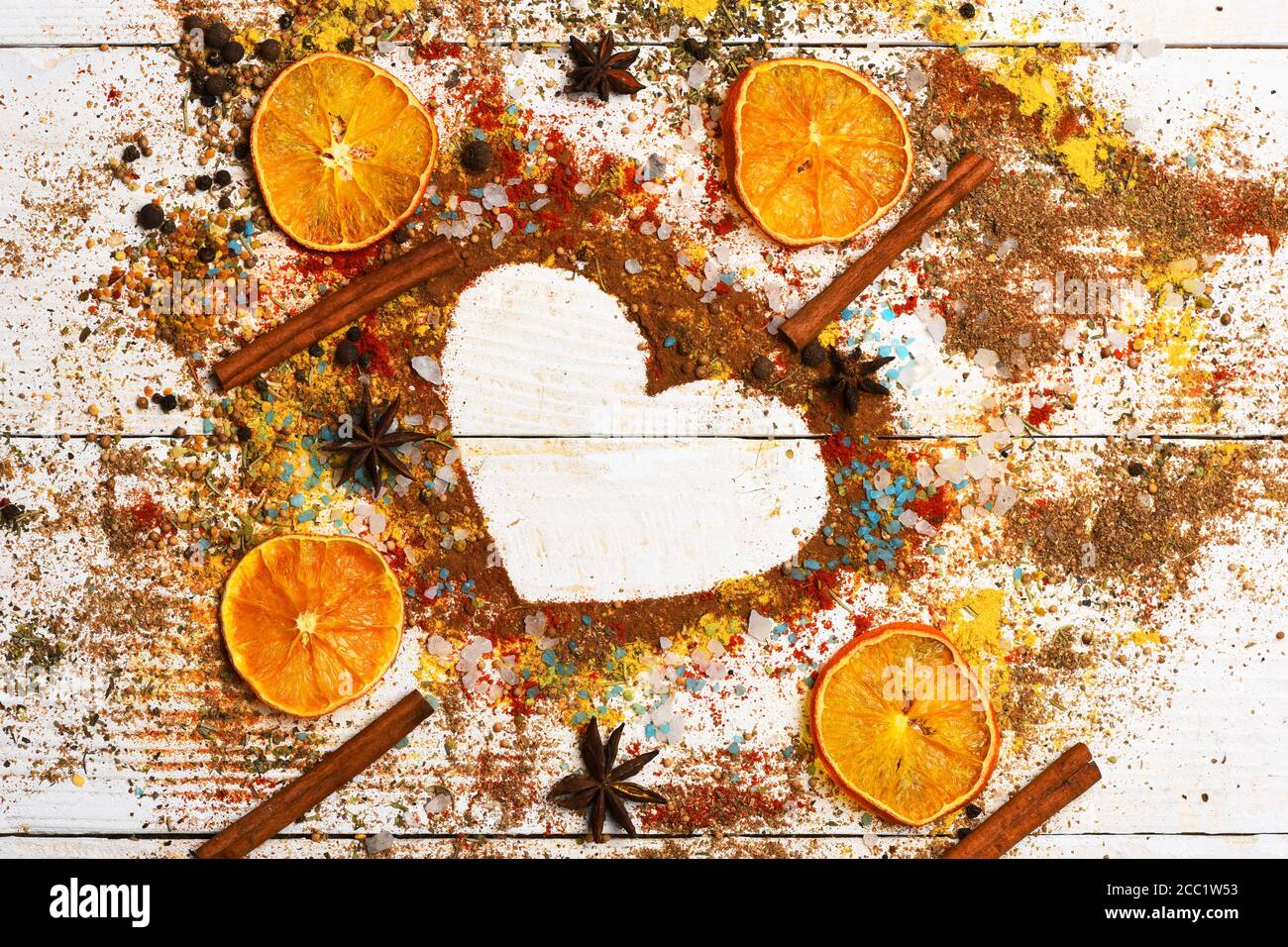 Flavouring concept. Composition of condiment making heart shape. Set of ...