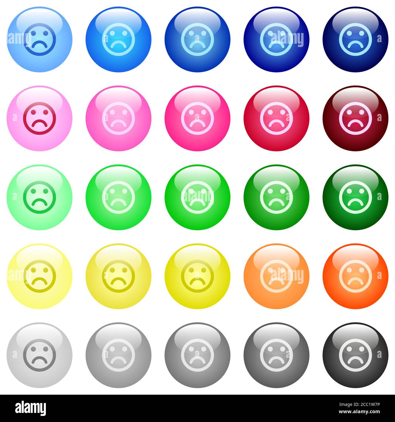 Sad emoticon icons in set of 25 color glossy spherical buttons Stock ...