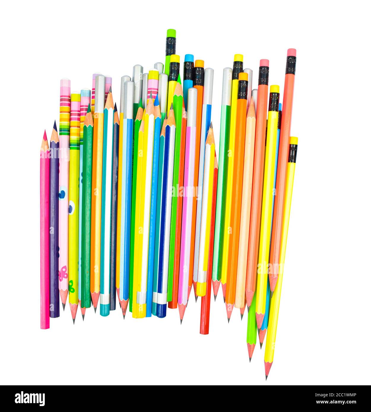 Some different colored wood pencil crayons scatter across a white paper ...