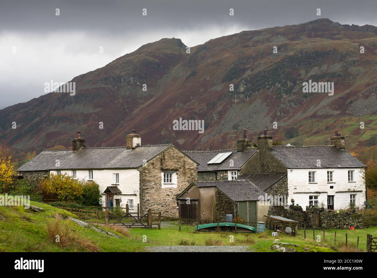 Cottages at High Park near Little Langdale with Lingmoor Fell beyond in ...