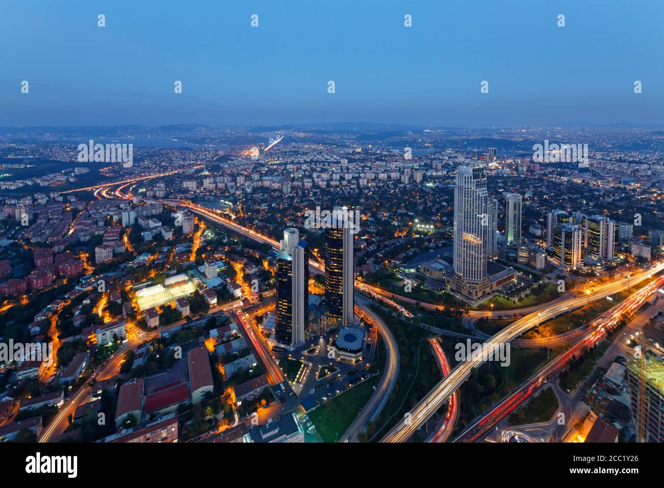 Europe, Turkey, Istanbul, View of financial district with Bosphorus ...