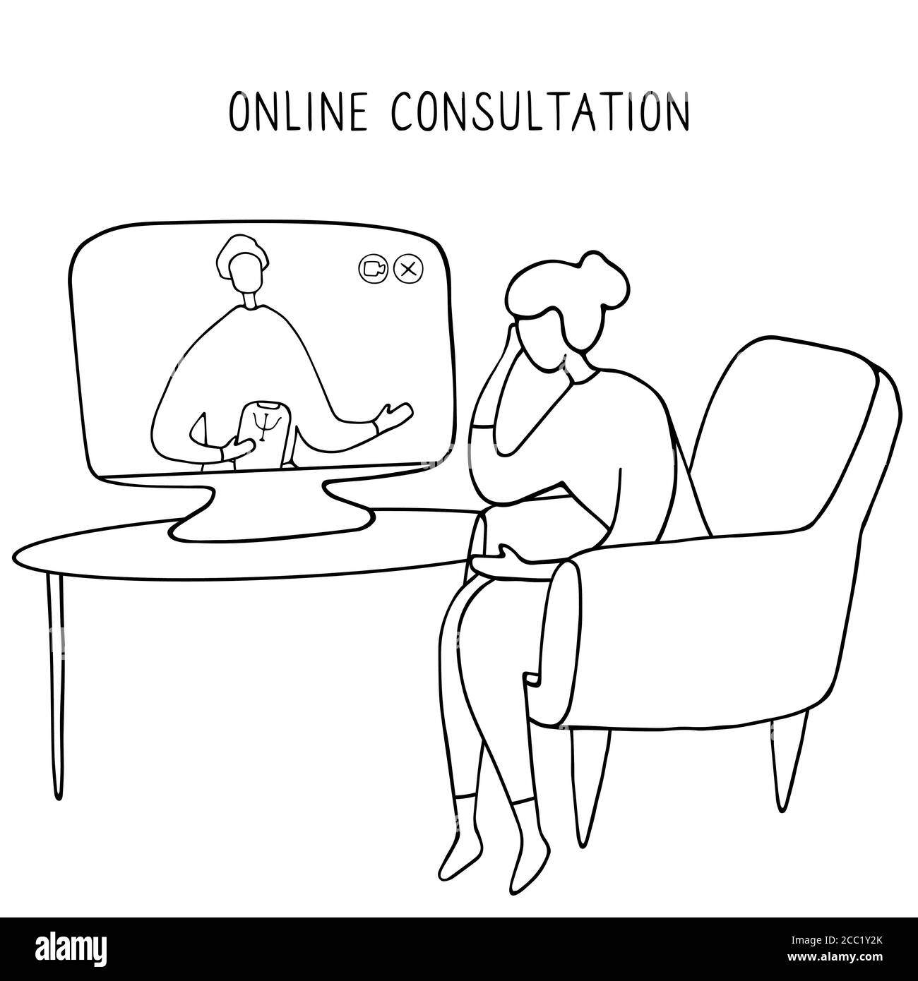 Woman sitting in chair in front of computer and talking to psychologist ...
