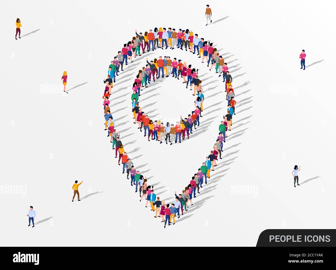 Large group of people crowded in form of map pointer. Vector ...