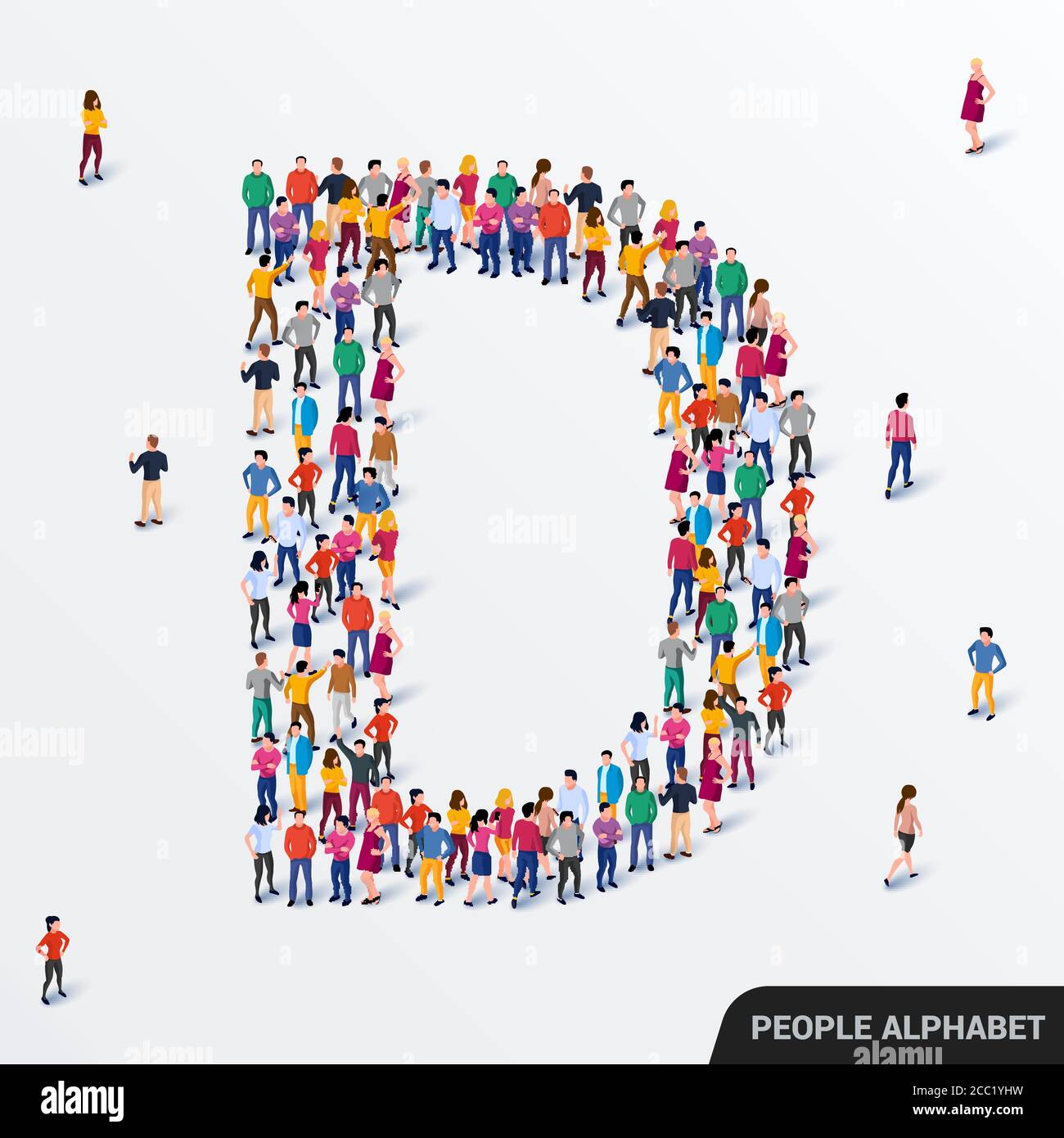 Large group of people in letter D form. Human alphabet. Vector seamless ...