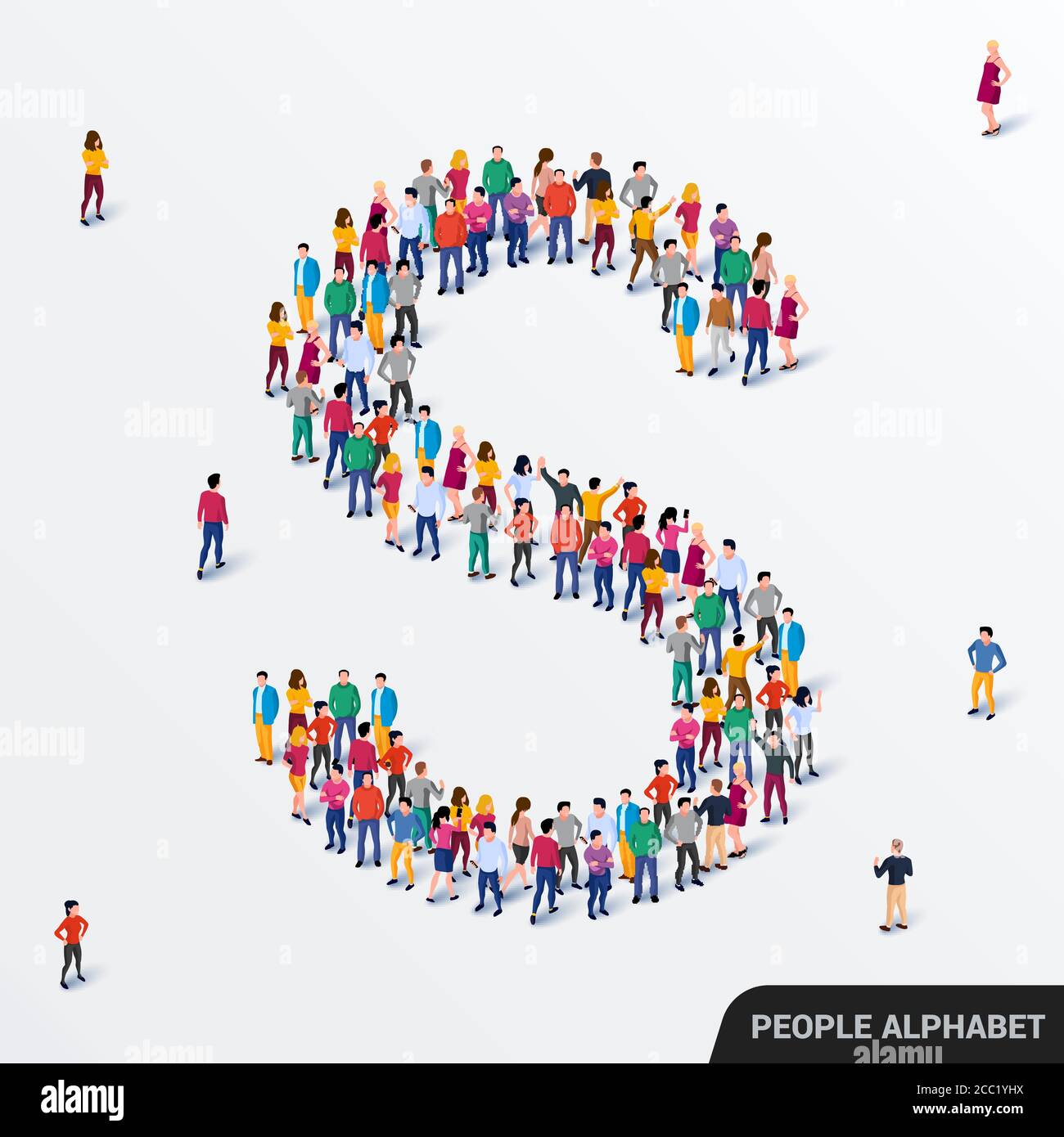 Large group of people in letter S form. Human alphabet. Vector seamless ...