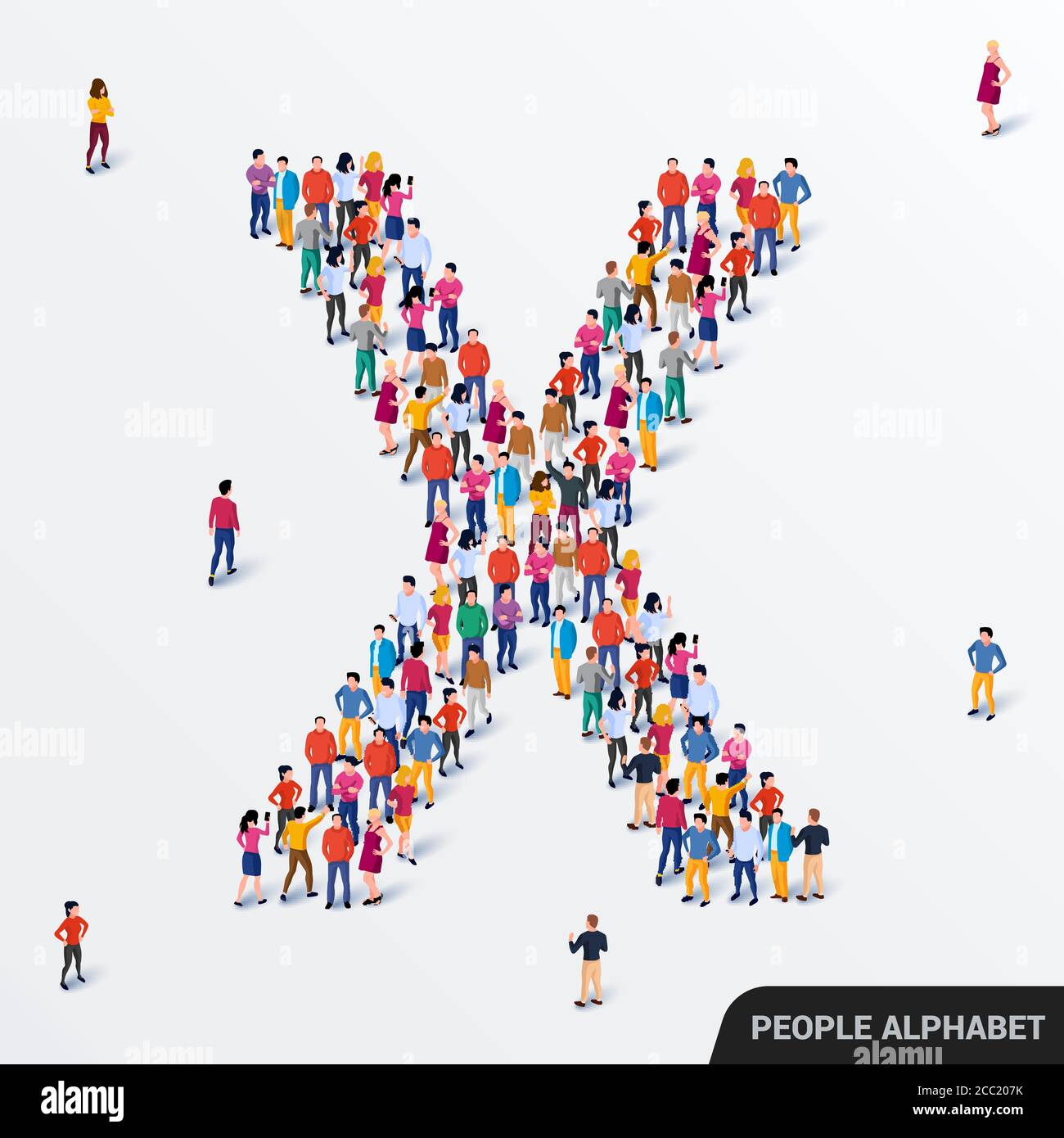 Large group of people in letter X form. Human alphabet. Vector seamless ...