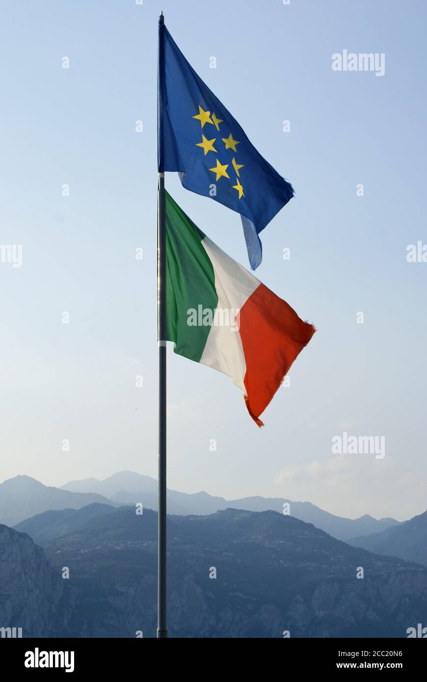 Italy, Italian flag and European flag at Lake Garda Stock Photo - Alamy