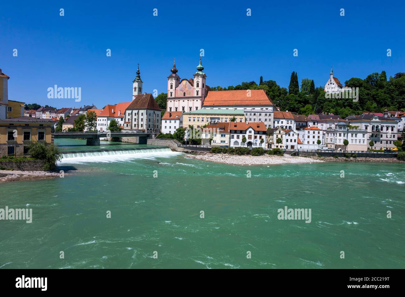 Austria, Upper Austria, Steyr, View of River Enns and St Michael's ...
