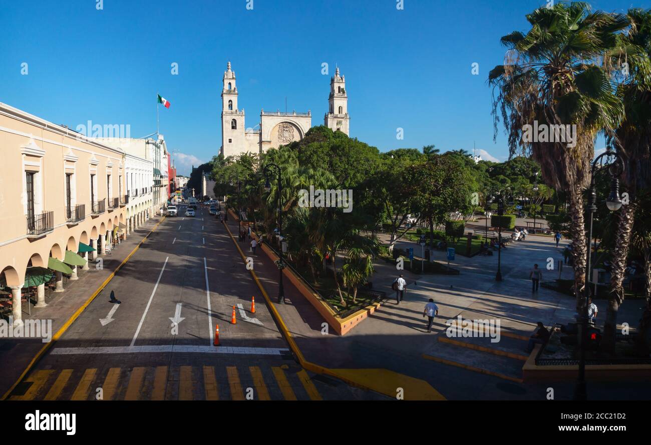 View to the cathedral of Merida over the main square park 'Plaza Grande ...