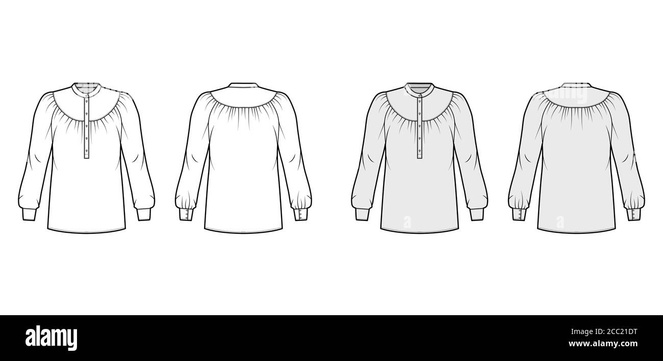 Blouse technical fashion illustration with gathered yoke, long sleeves ...