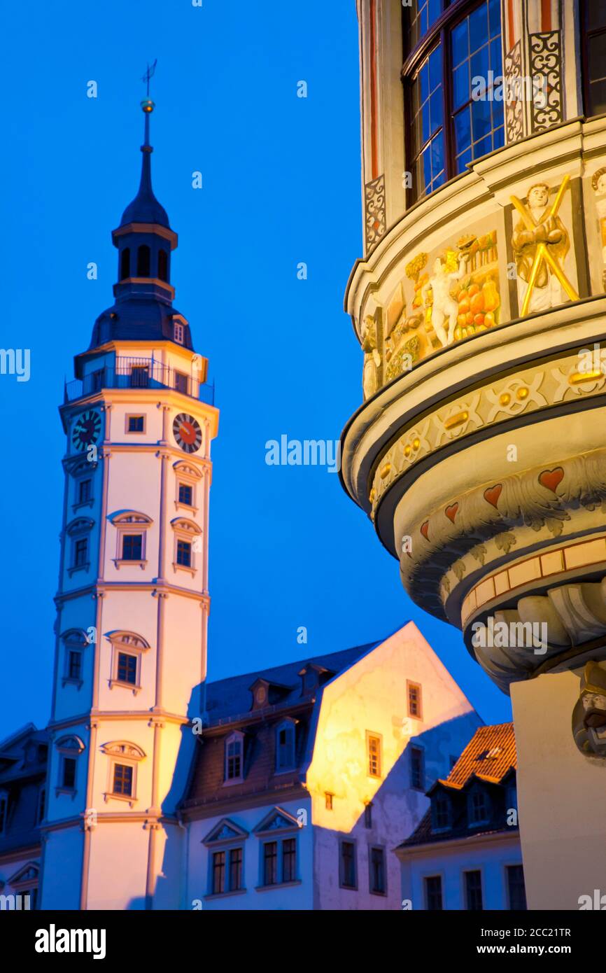 Germany, Thuringia, Gera, View of town hall and decorated Stadtapotheke ...