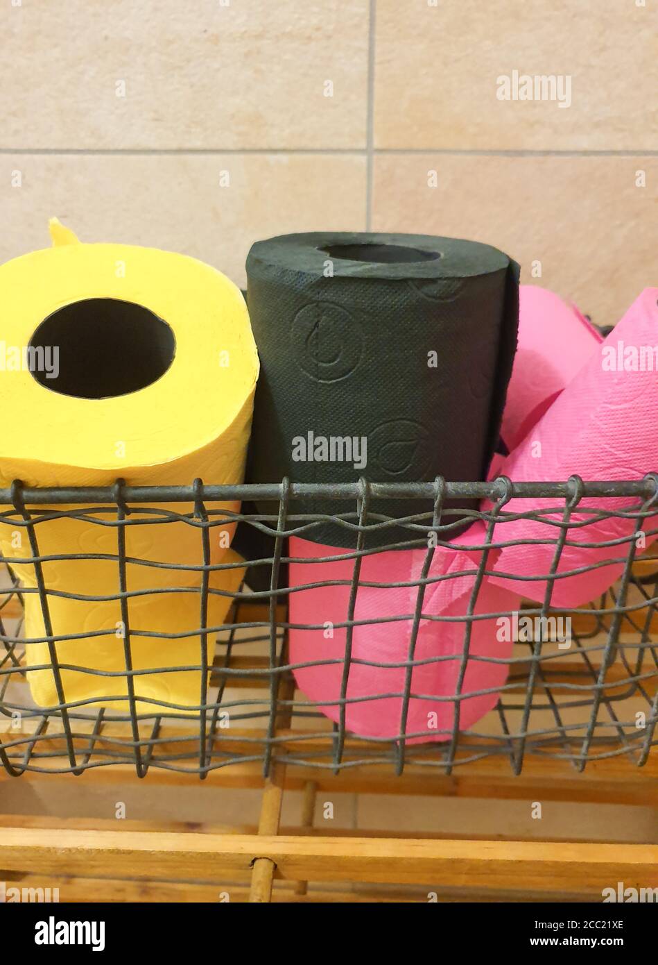 Selective shot of a metal trolley with colorful paper towels Stock ...