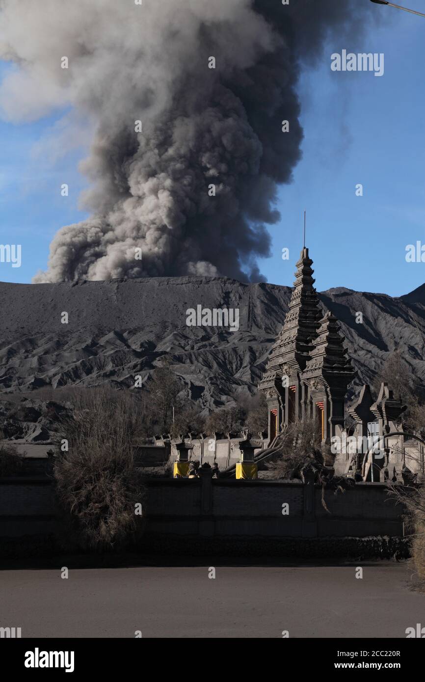 Indonesia, Java, View of eruption from Bromo volcano near temple Stock ...