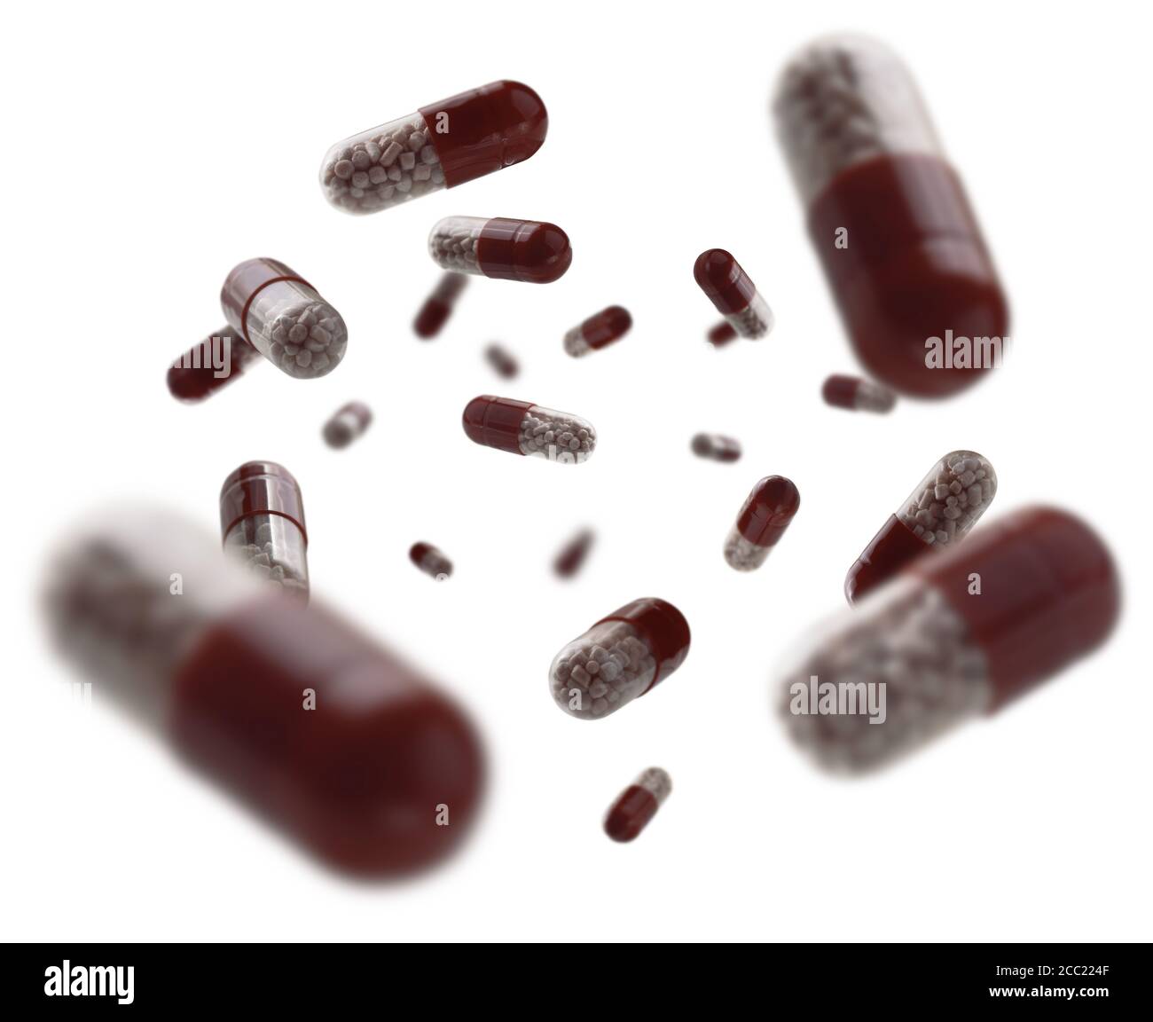 Capsules with the drug levitate on a white background Stock Photo - Alamy