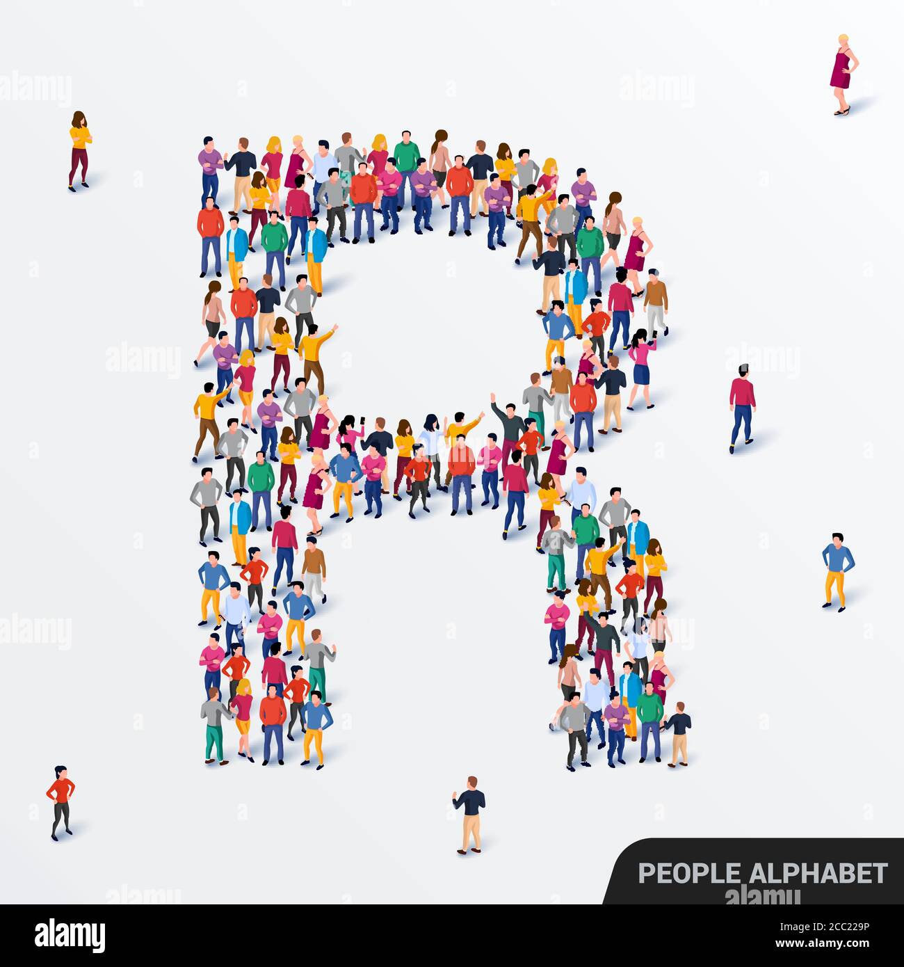 Large group of people in letter R form. Human alphabet. Vector seamless ...