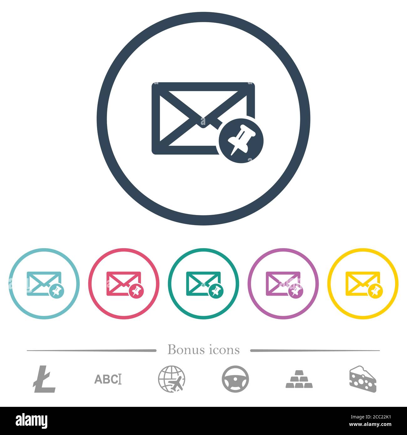 Pin mail flat color icons in round outlines. 6 bonus icons included ...