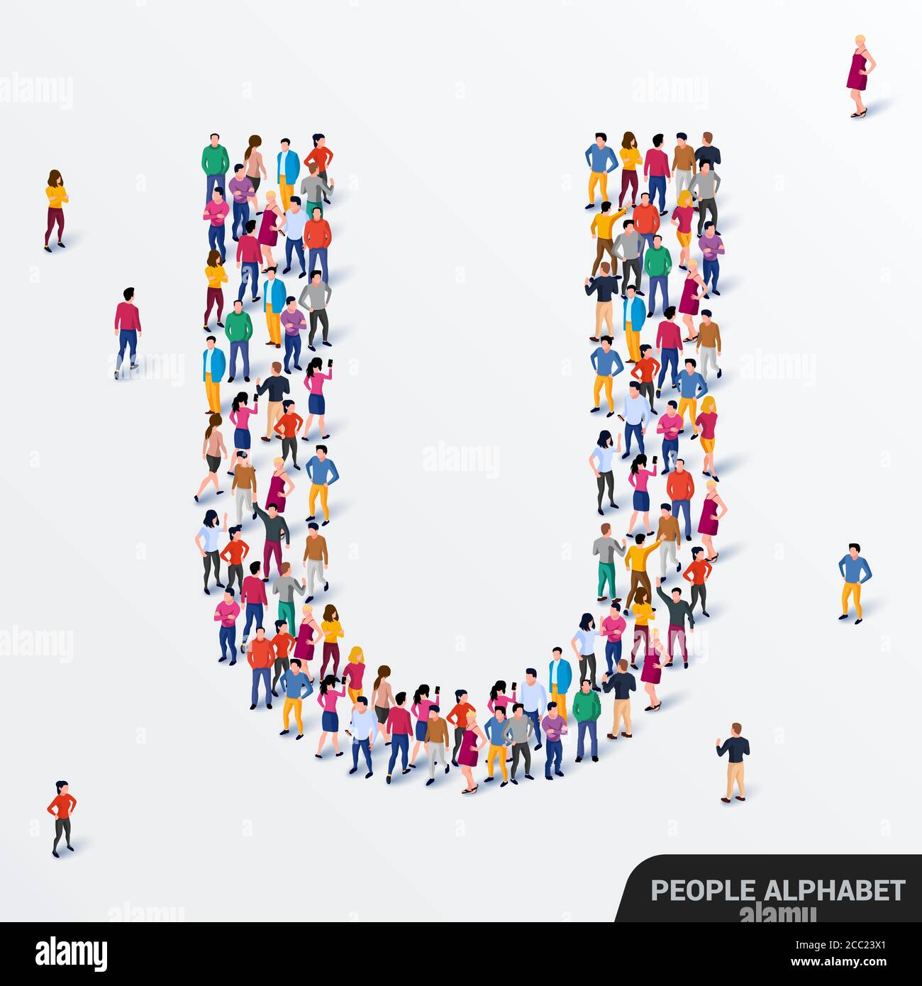 Large group of people in letter U form. Human alphabet. Vector seamless ...