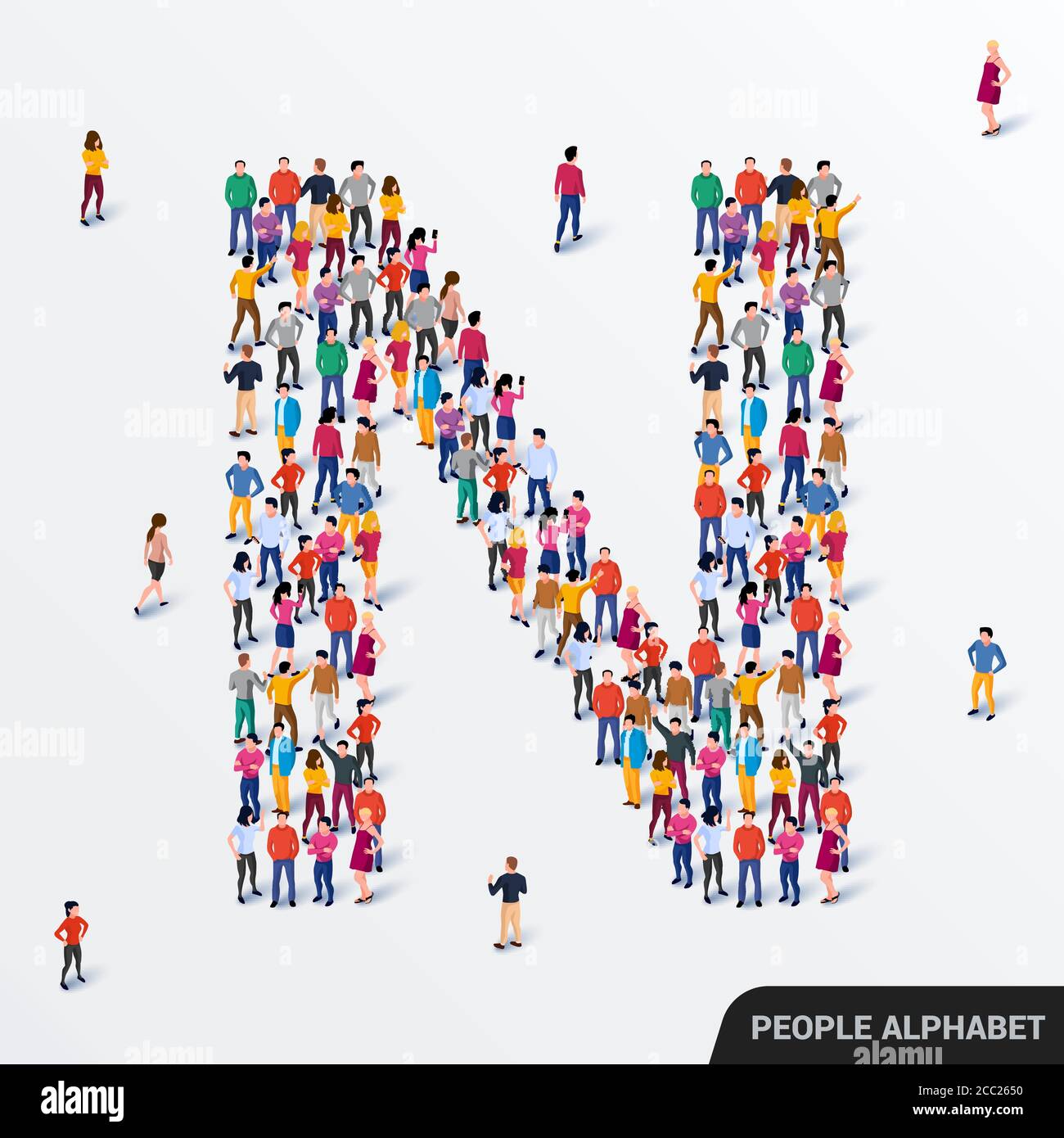 Large group of people in letter N form. Human alphabet. Vector seamless ...
