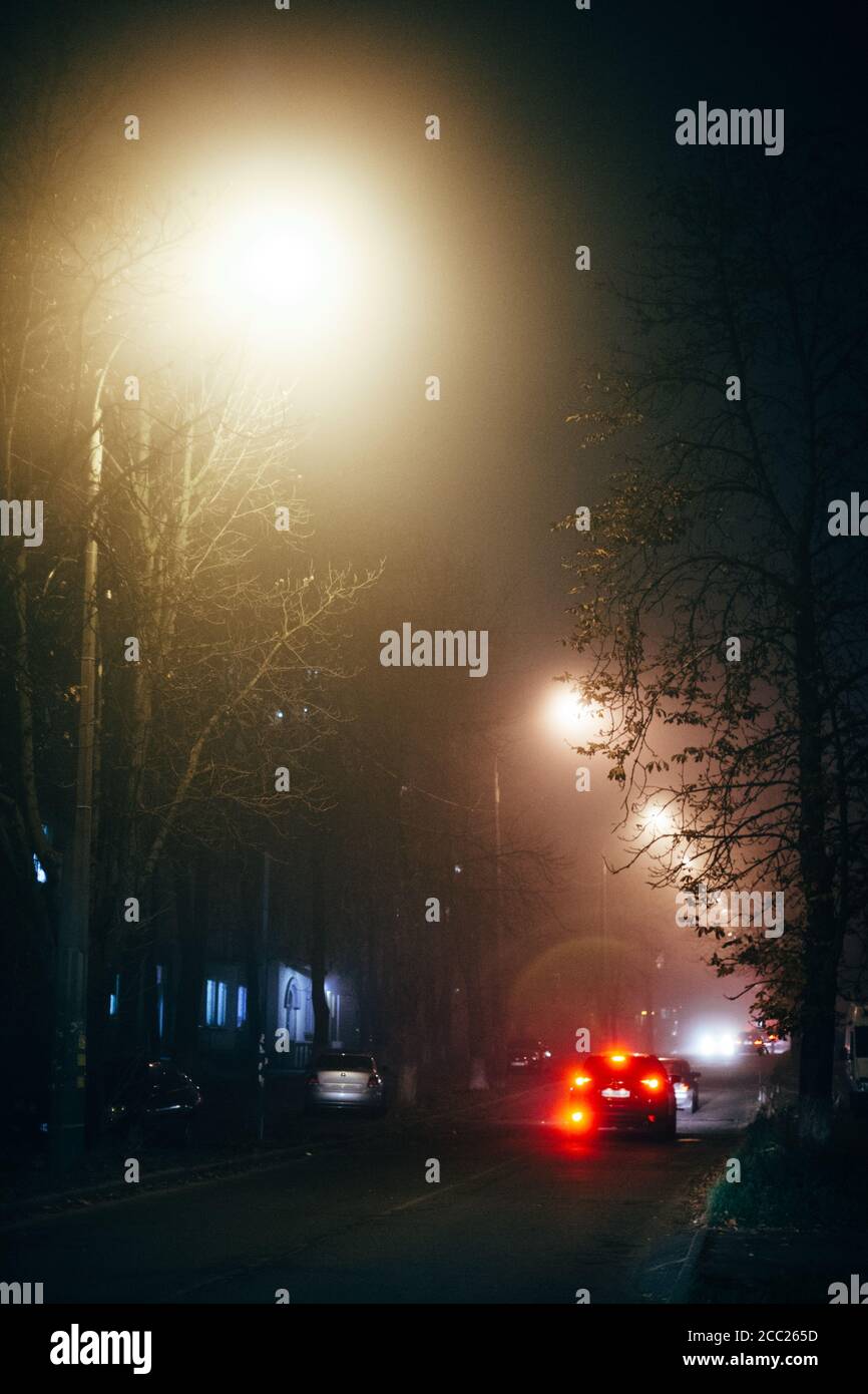 Foggy city street at night during autumn Stock Photo - Alamy