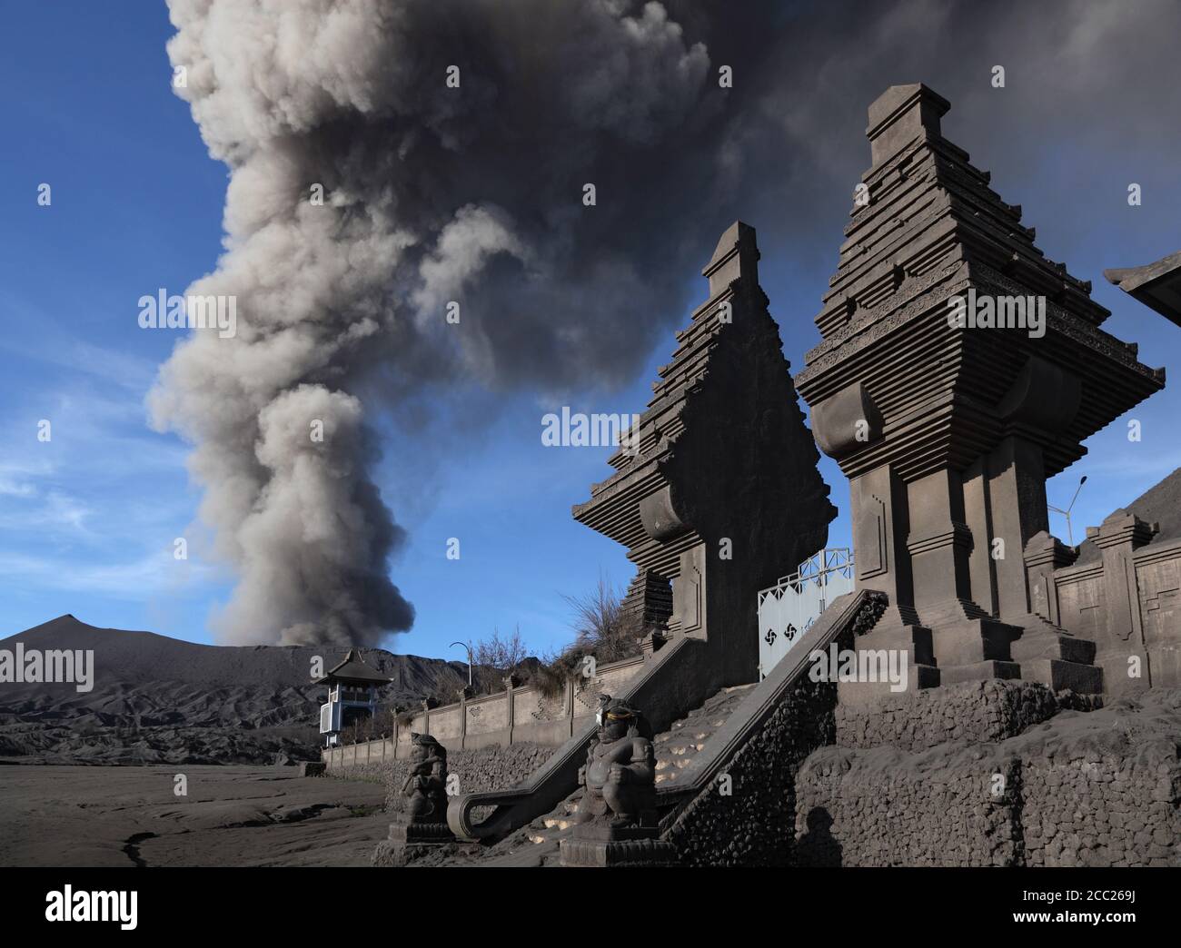 Indonesia, Java, View of eruption from Bromo volcano near temple Stock ...