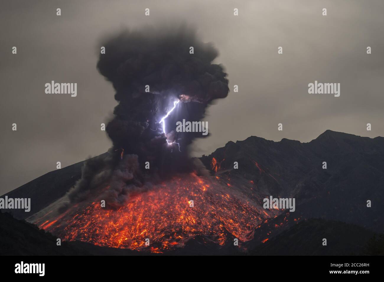 Japan, View of lightning and lava erupting from Sakurajima volcano ...
