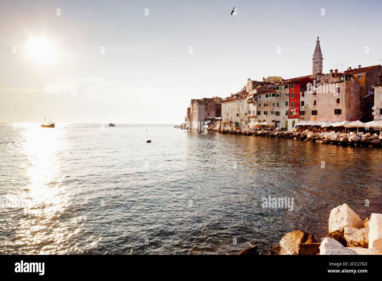Croatia, Rovinj, View of old town and clock tower of Sv Eufemija Church ...