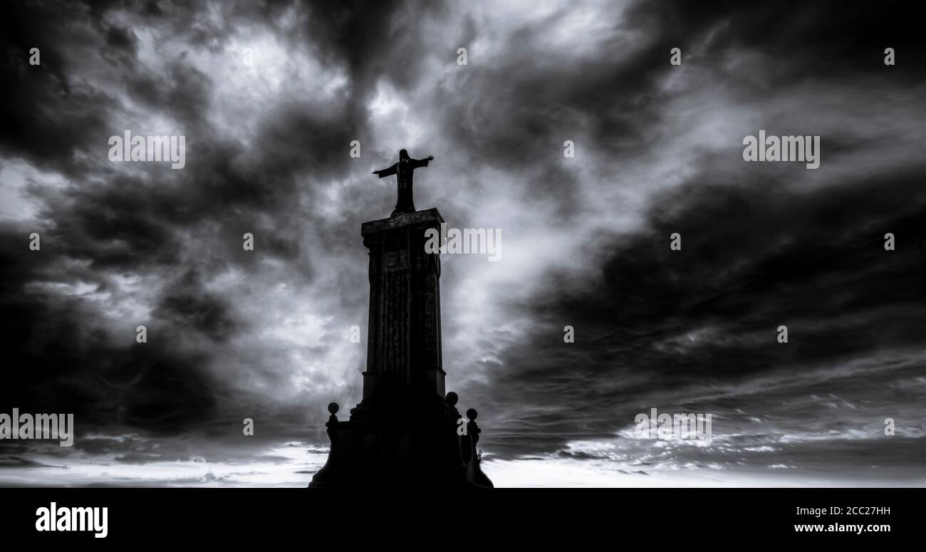 Spain, Menorca, Es Mercadal, View of Jesus Christ statue at Monte Toro ...