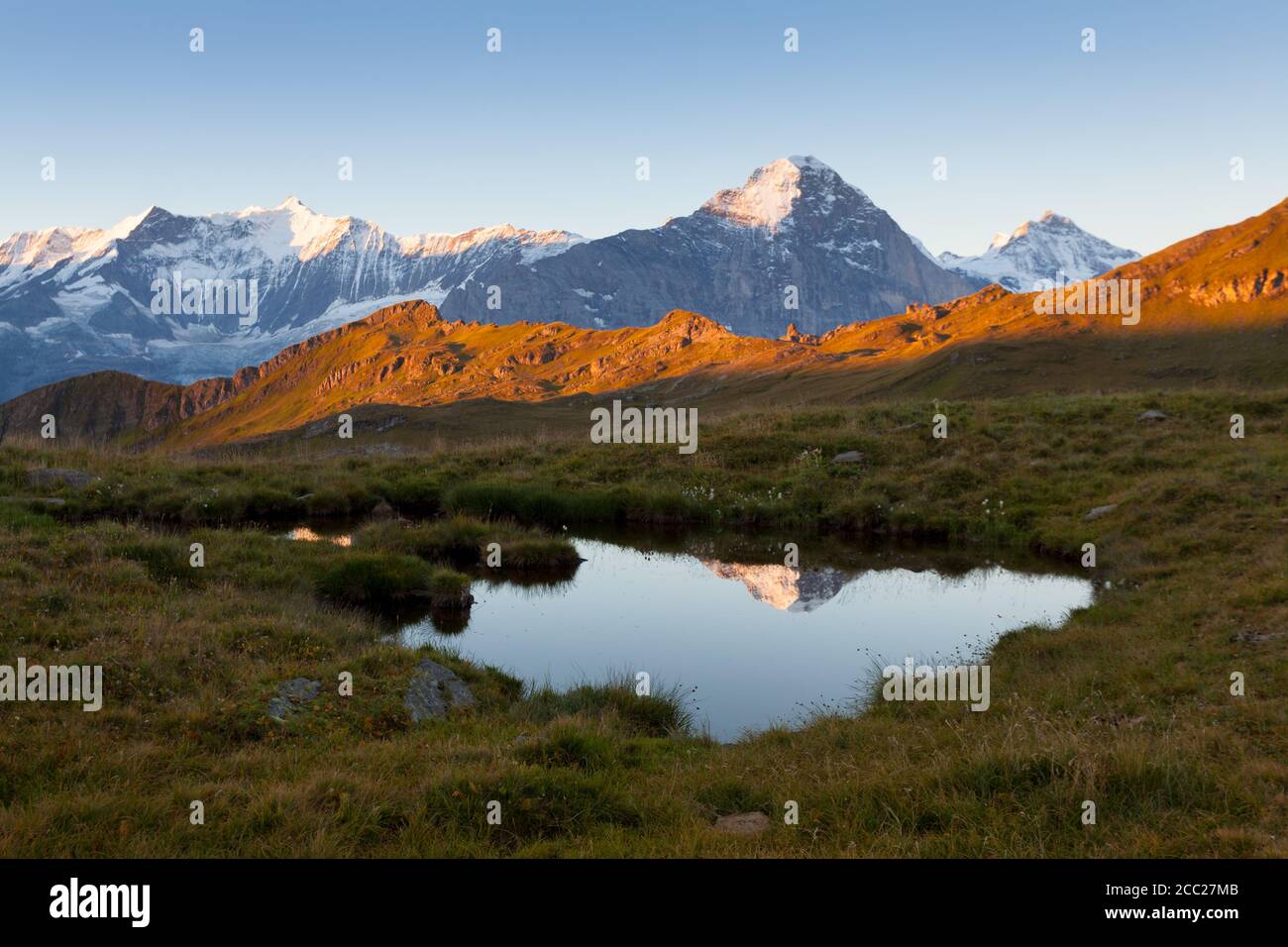 Sunrise view on Bernese range above Bachalpsee lake. Highest peaks ...