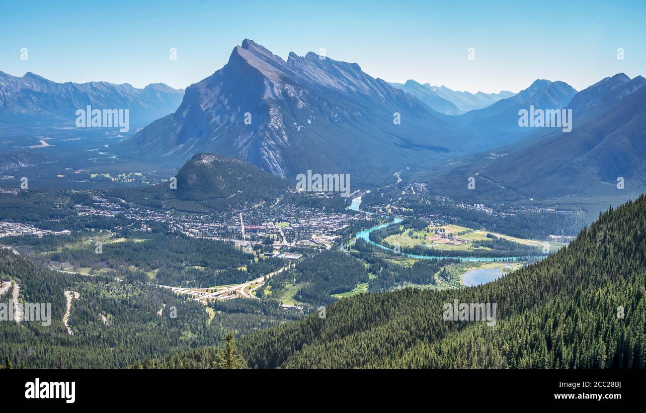 Overview of the town of Banff and Mount Rundle as seen from the top of ...