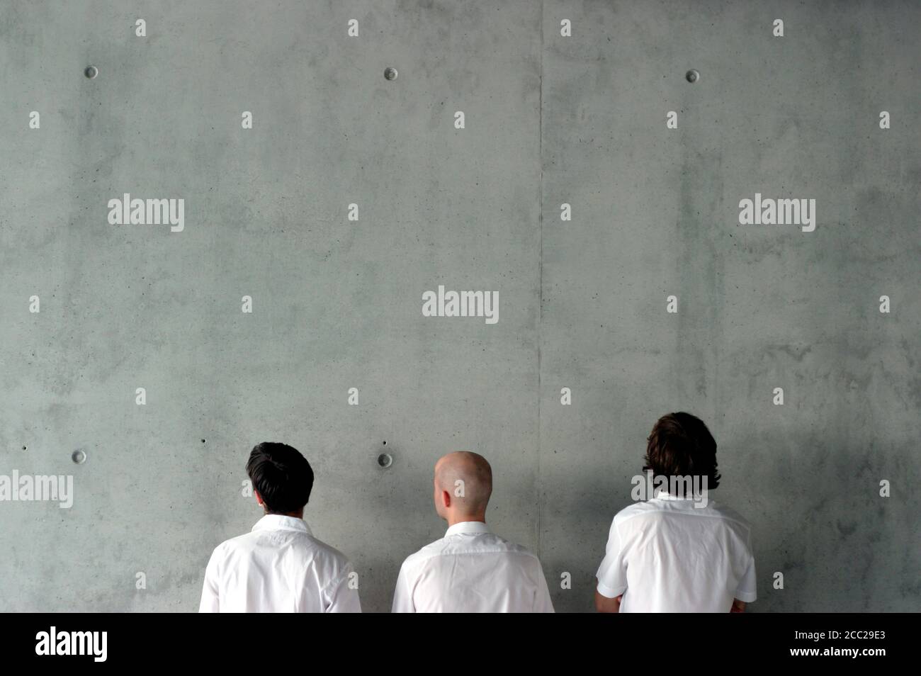 Three guys looking at grey wall, rear view Stock Photo - Alamy