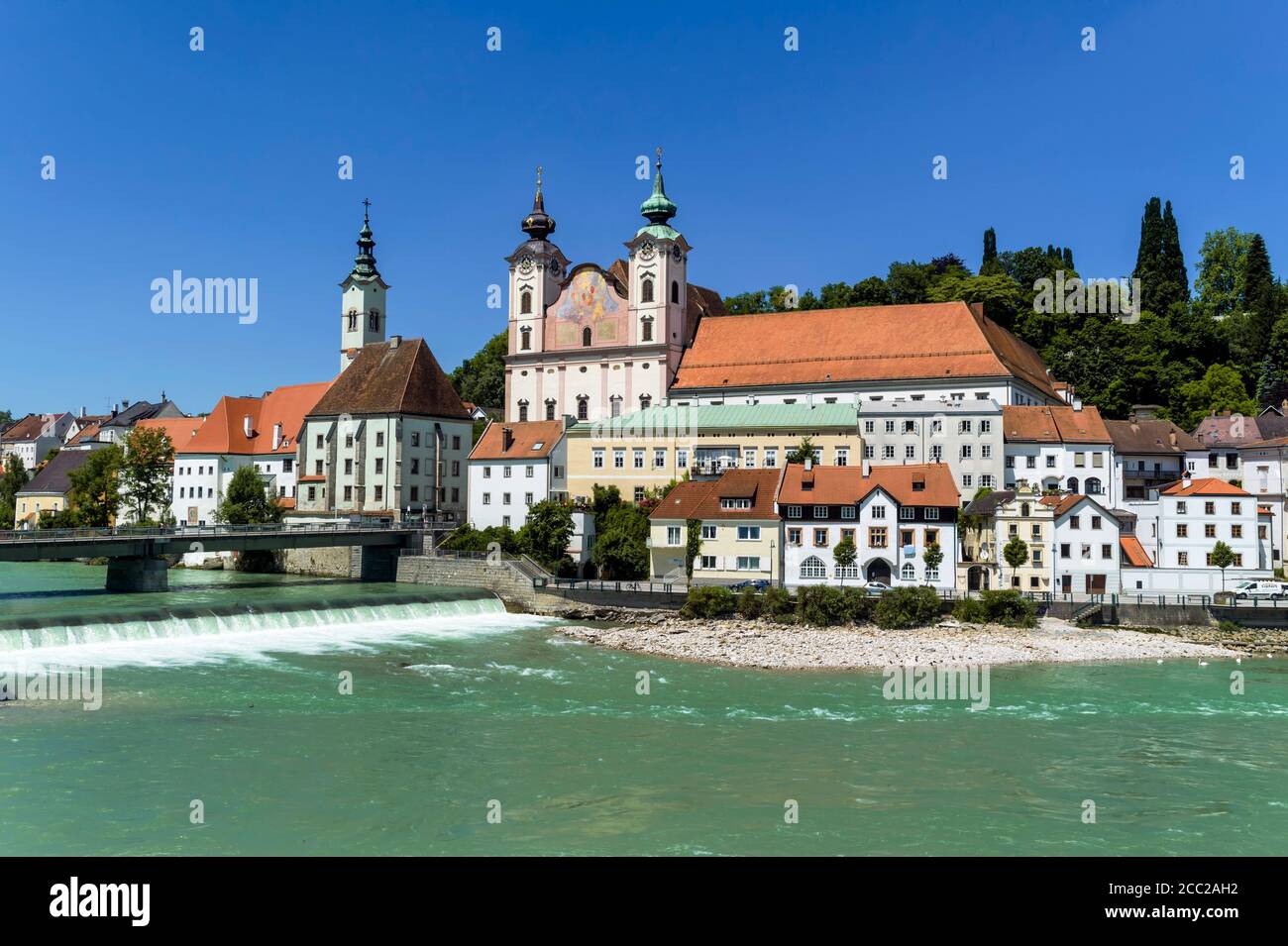 Austria, Upper Austria, Steyr, View of River Enns and St Michael's ...