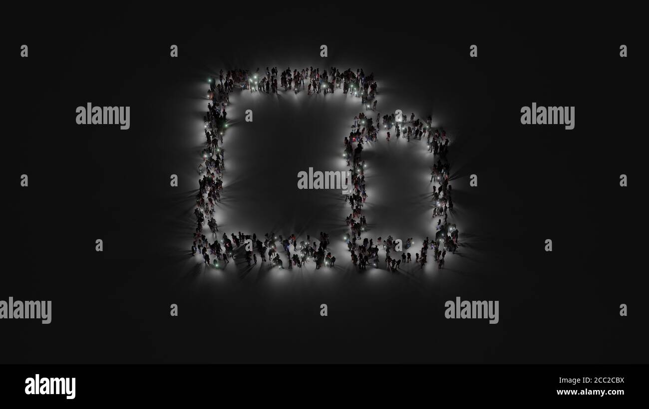 3d rendering of crowd of different people with flashlight in shape of ...
