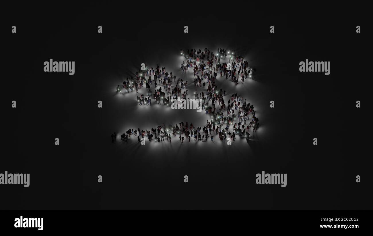 3d rendering of crowd of different people with flashlight in shape of ...