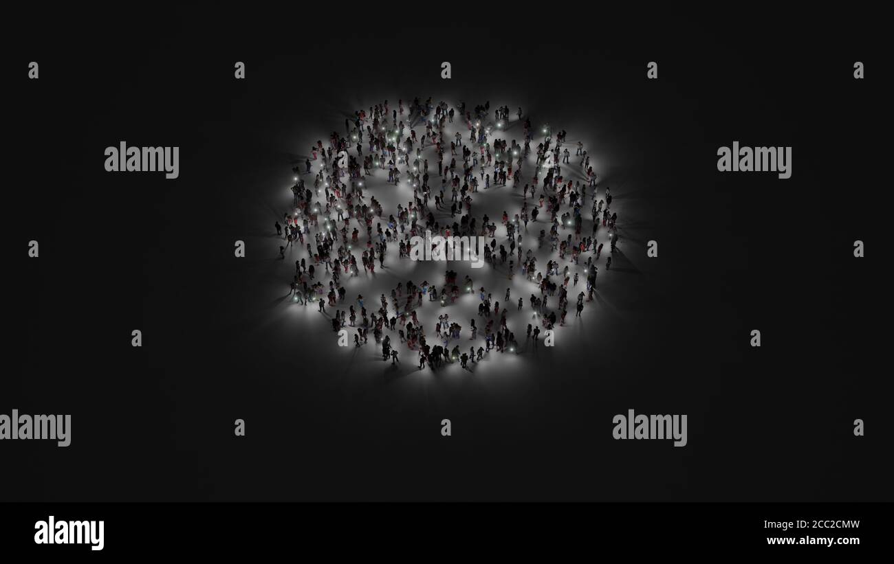 3d rendering of crowd of different people with flashlight in shape of ...