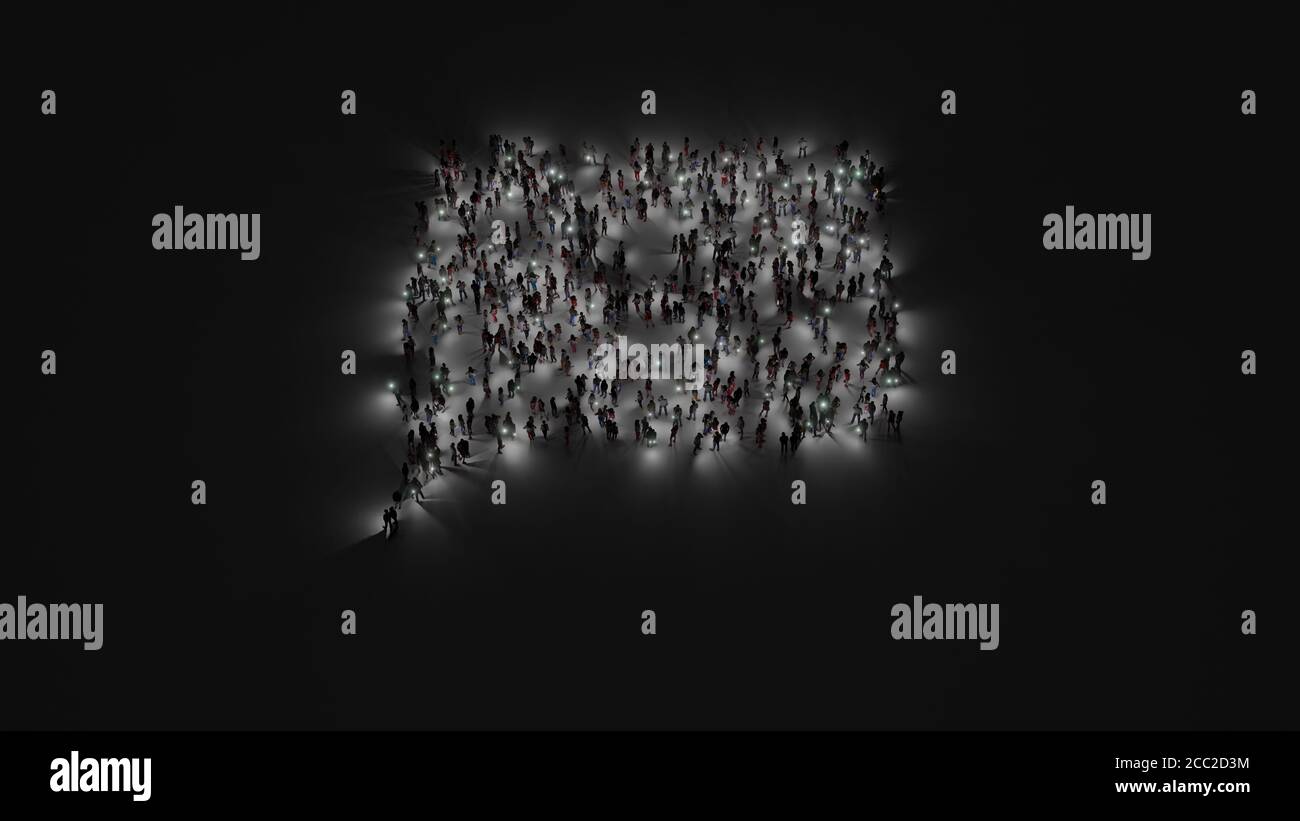 3d rendering of crowd of different people with flashlight in shape of ...