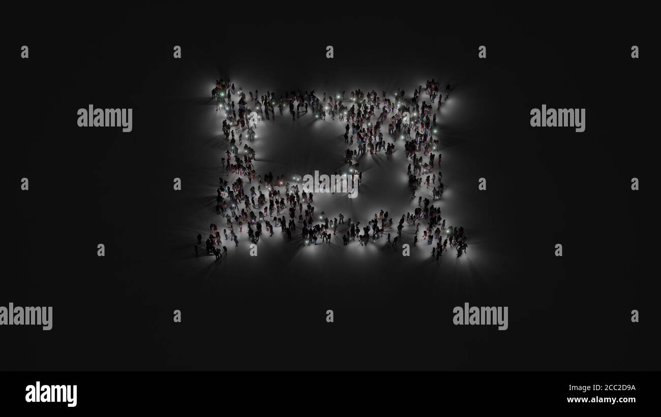 3d rendering of crowd of different people with flashlight in shape of ...
