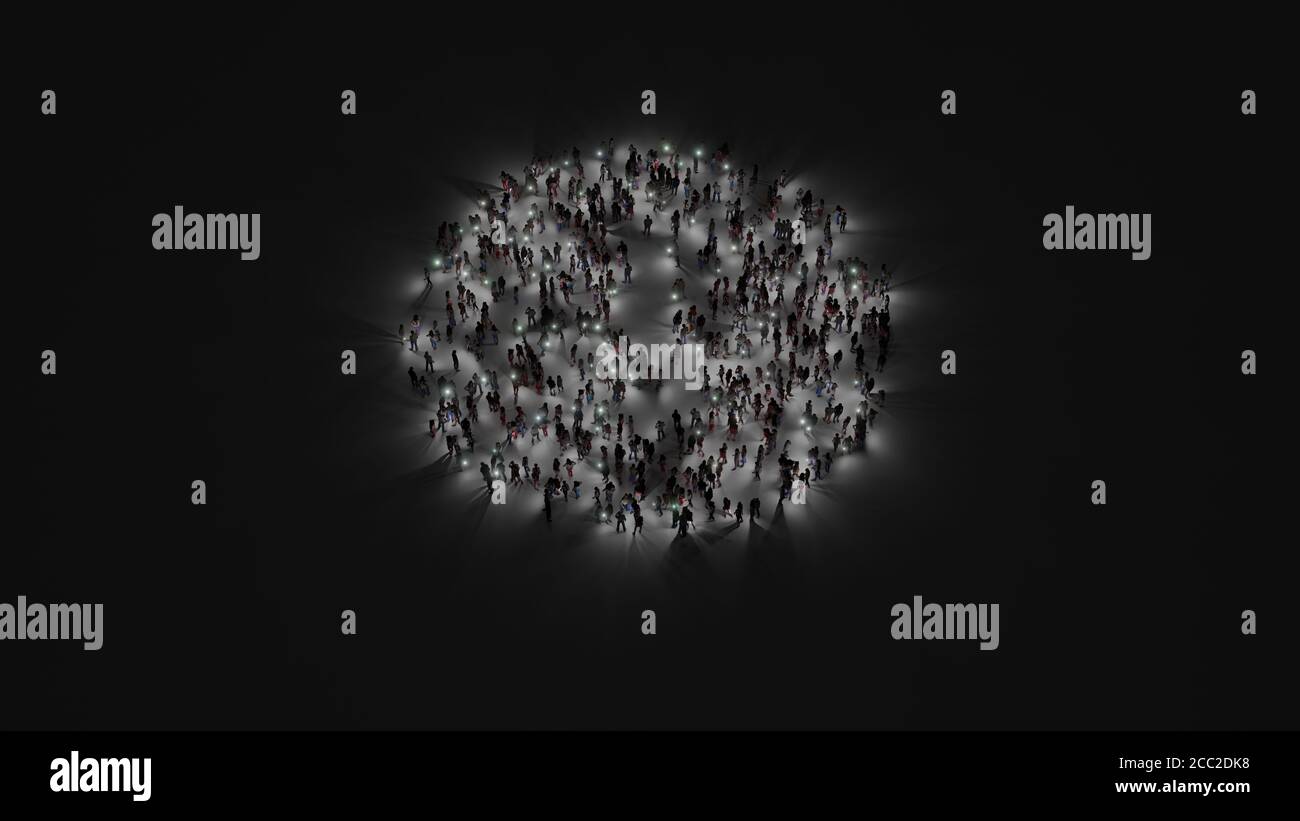 3d rendering of crowd of different people with flashlight in shape of ...