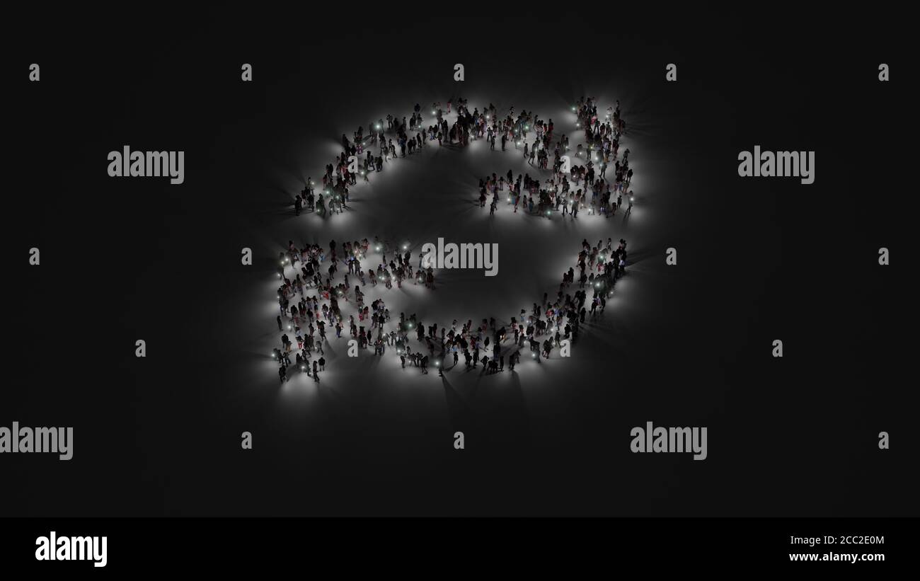 3d Rendering Of Crowd Of Different People With Flashlight In Shape Of Symbol Of Upload Circular
